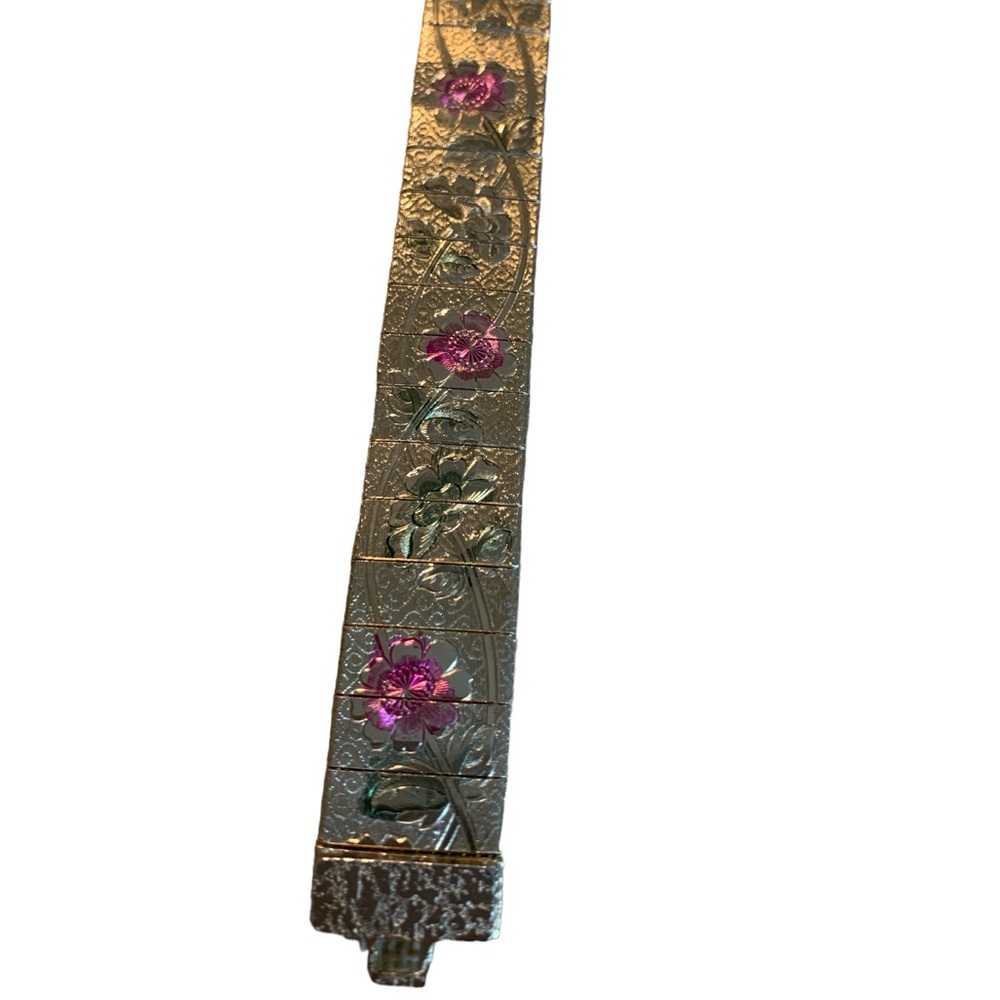 Vintage Embossed Flower Metal Panel Cuff Bracelet - Gem